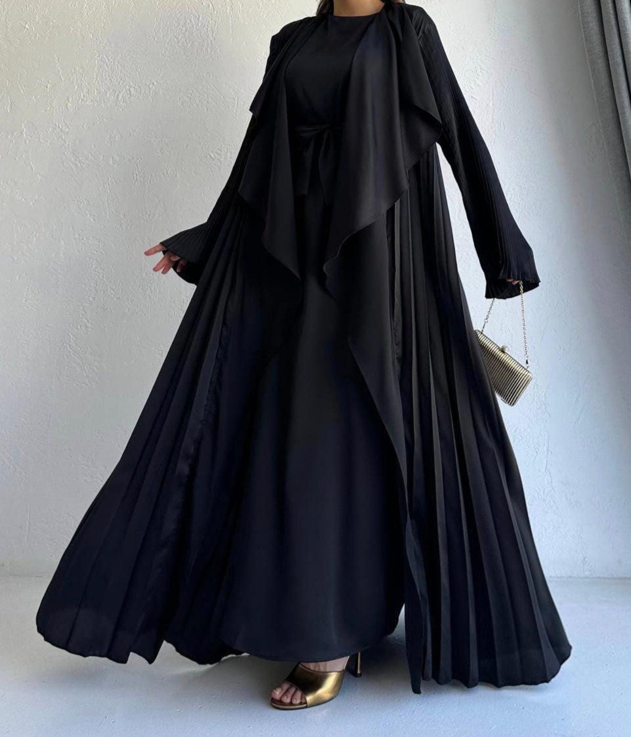 3 Pcs Satin Pleated Open Abaya Set | Abaya | Ramadan | Halakeeya | Eid ...
