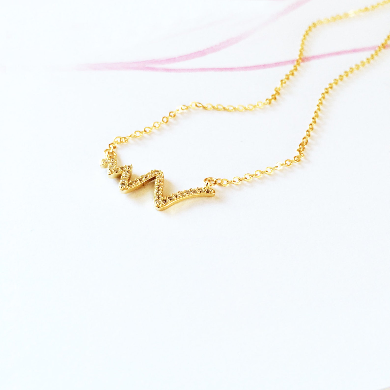 Diamond Heartbeat Graph Necklace Gold 925 Sterling Silver | Etsy