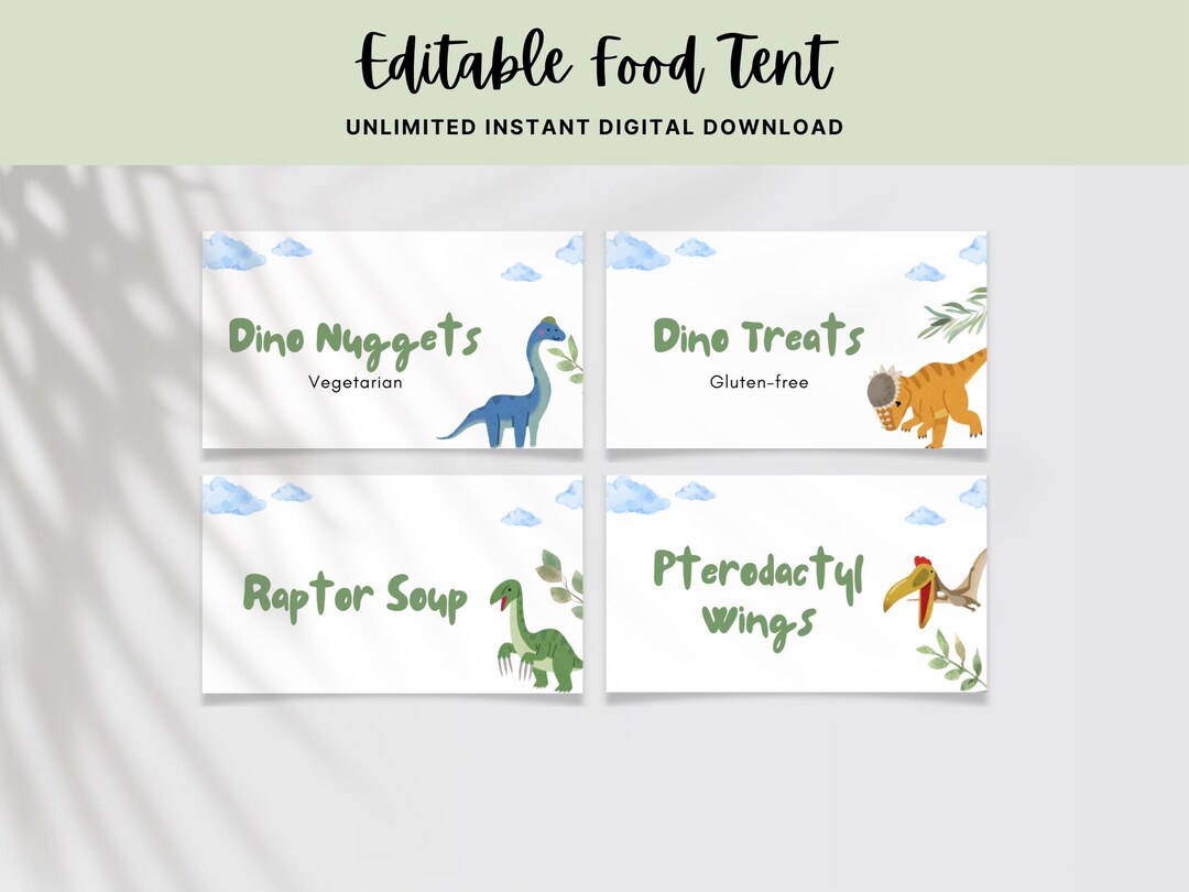Dinosaur Birthday Food Tent Cards, Printable Food Label, Buffet Card ...