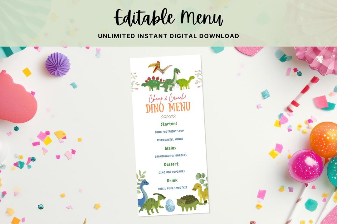 Dinosaur Birthday Menu, Watercolor Dino, Gender Neutral Card, Jurassic ...