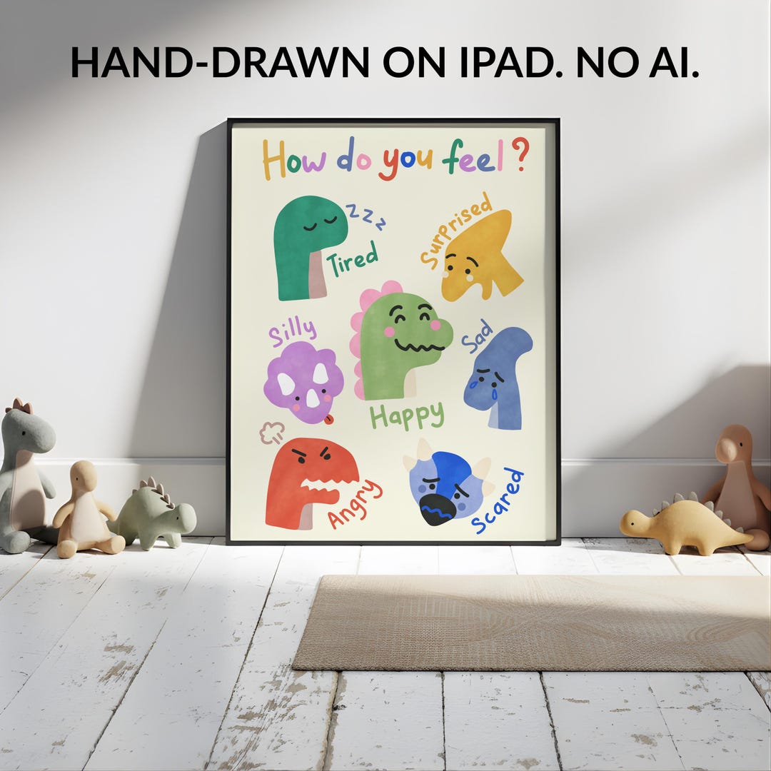 Dinosaur Feelings Chart Kids Wall Art Emotions Poster for Calm Down ...