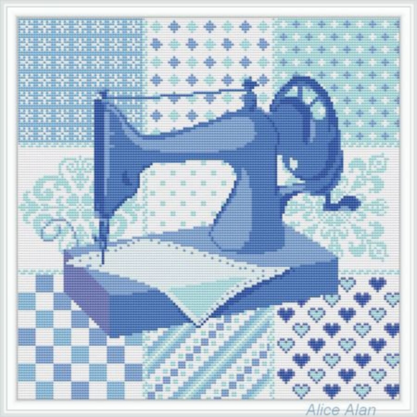 Cross stitch pattern sampler Sewing machine background blue | Etsy