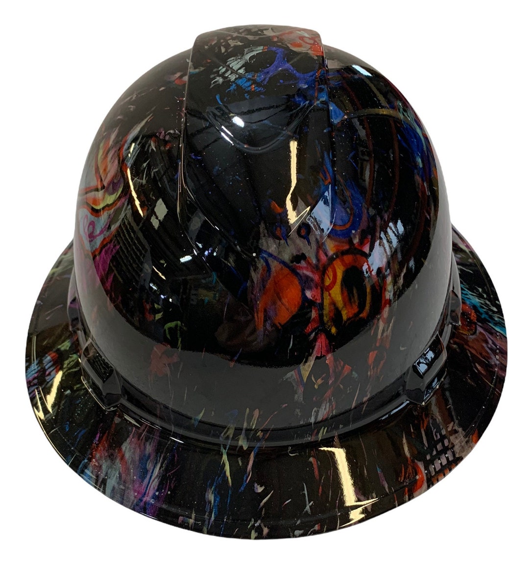 Custom Hydro Dipped Hard Hat Colored Graffiti Flaming Skulls Full Brim ...