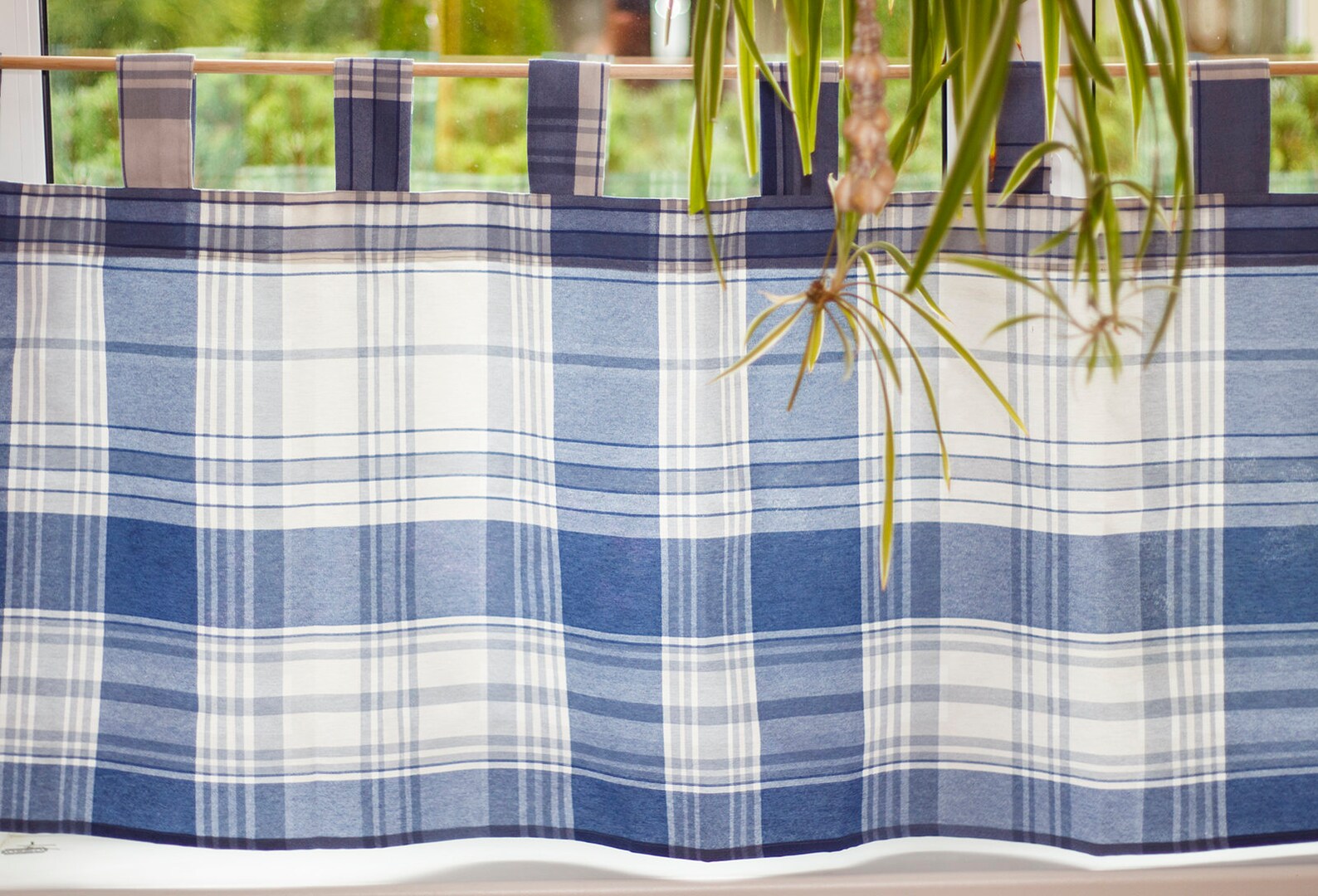 Blue Plaid Window Valance Cafe Curtain, Natural Kitchen Valance ...