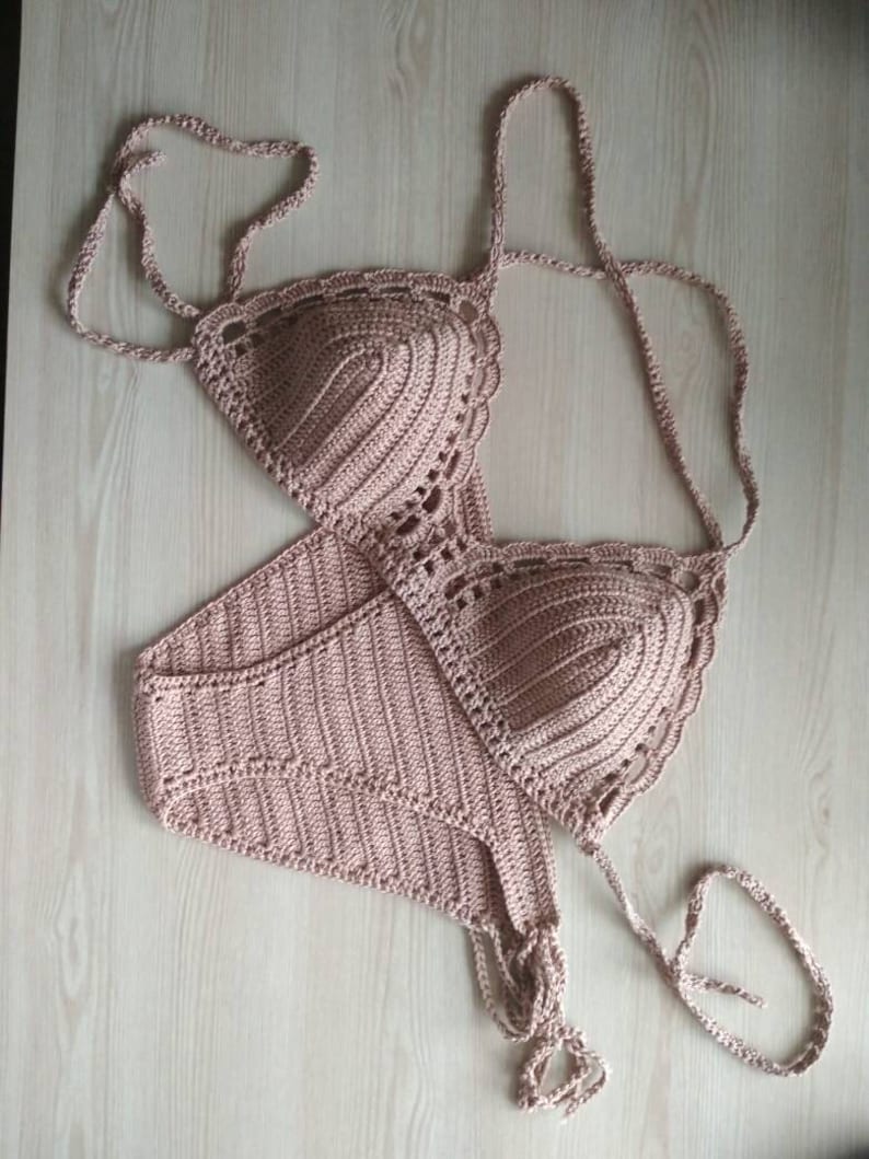 Beige Swimsuit Beige Crochet Bikini Knitted Swimsuit Etsy