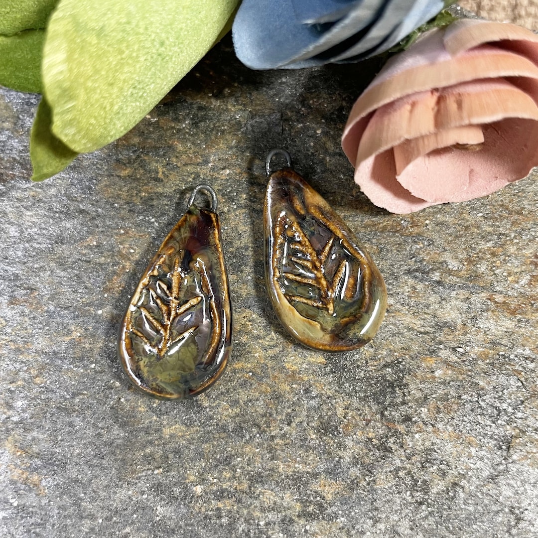 Dark Brown Teardrop Artisan Charms, Handmade Ceramic Beads for Jewelry Making, Textured Earring ...