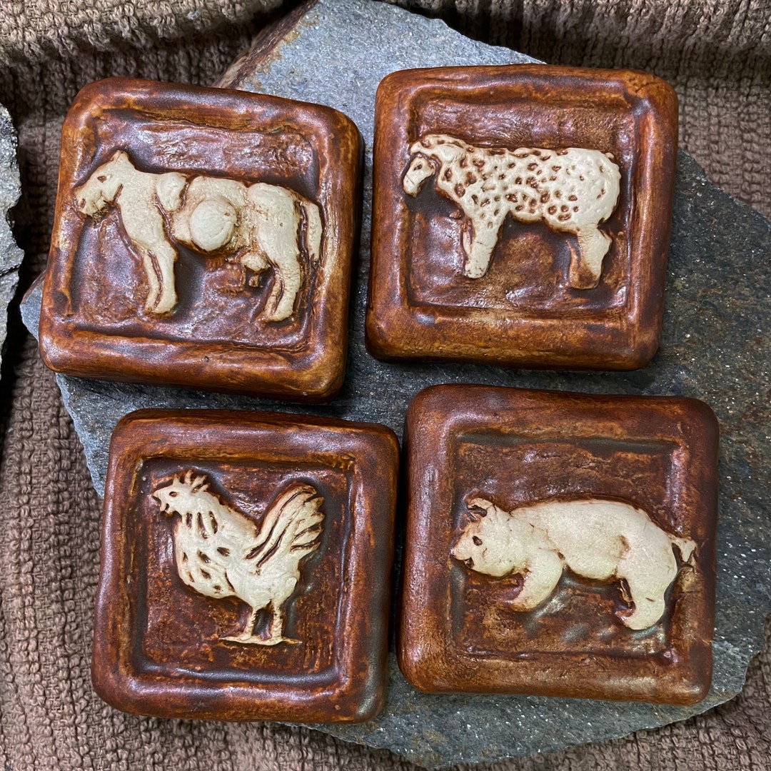 Farm Animals Tile Set of Four, Handmade Ceramic Relief Tile, Small ...