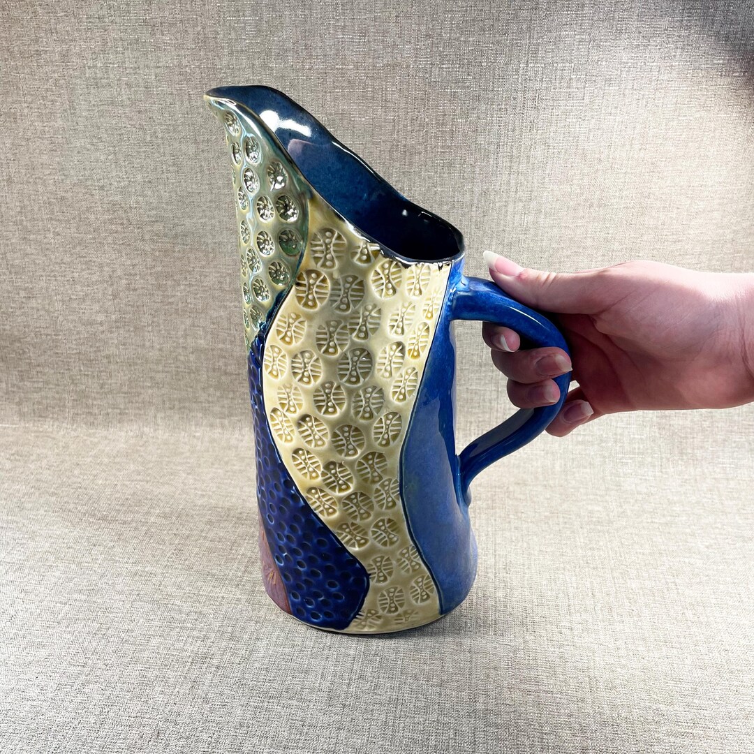 Colorful Tall Handmade Ceramic Sangria Pitcher, Highly Textured, Multi ...