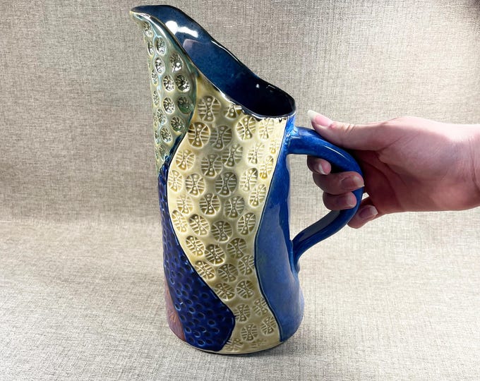 Colorful Tall Handmade Ceramic Sangria Pitcher, Highly Textured, Multi ...