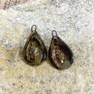 Dark Brown Teardrop Artisan Charms, Handmade Ceramic Beads for Jewelry Making, Textured Earring ...