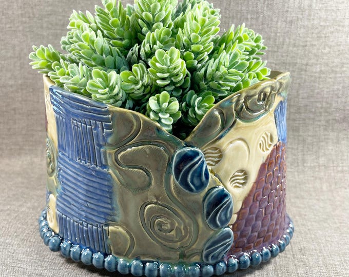 Multi-colored Ornate Succulent Planter, Handmade Ceramic Flower Pot ...