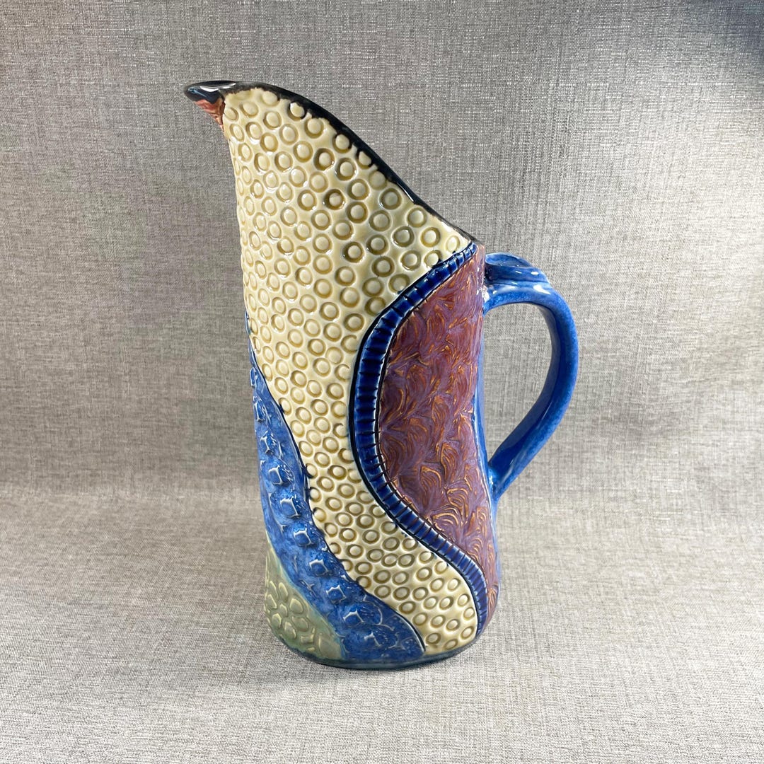 Colorful Tall Handmade Ceramic Sangria Pitcher, Highly Textured, Multi ...