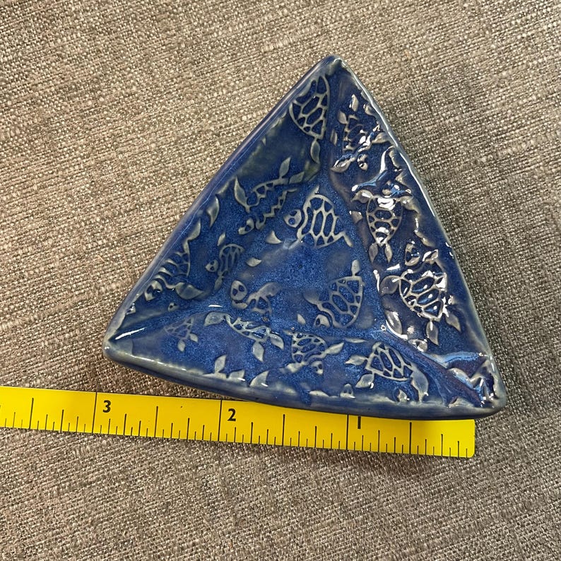 Royal Blue Triangle Trinket Holder, Sea Turtle Theme, Handmade Ceramic ...