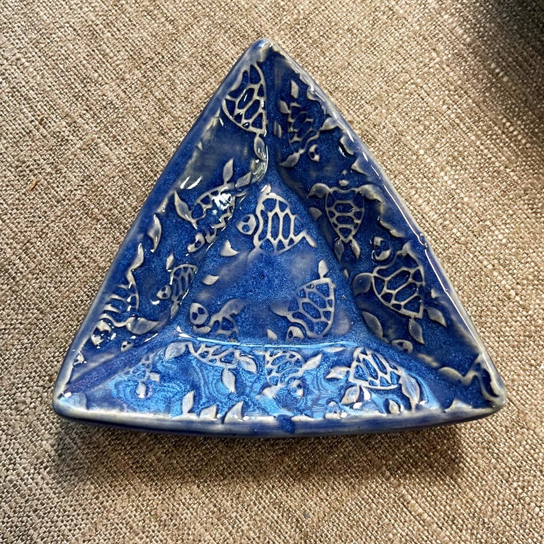 Royal Blue Triangle Trinket Holder, Sea Turtle Theme, Handmade Ceramic ...