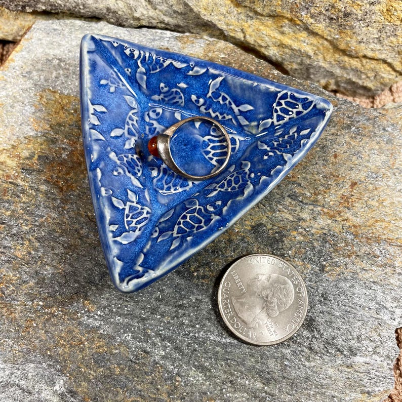 Royal Blue Triangle Trinket Holder, Sea Turtle Theme, Handmade Ceramic ...