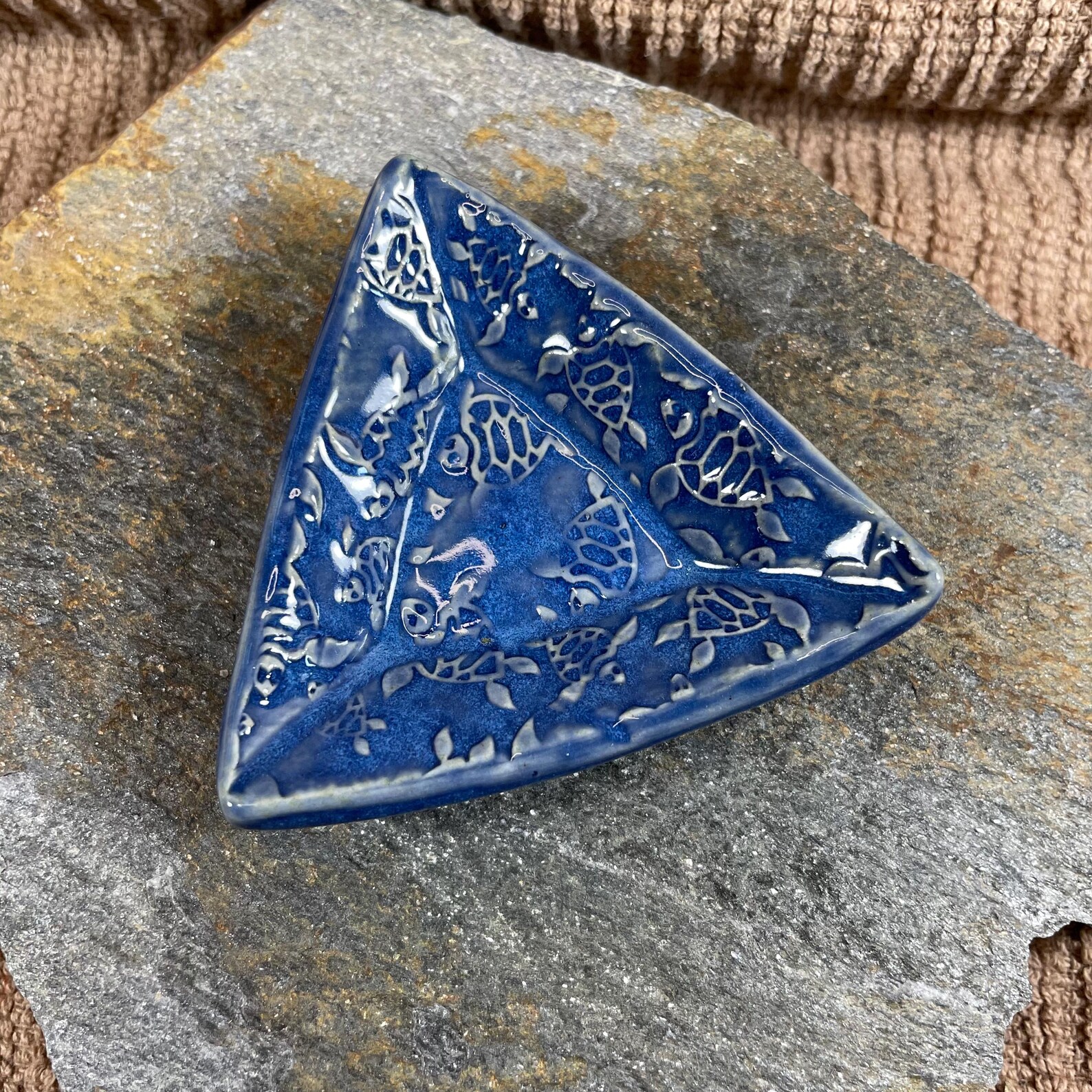 Royal Blue Triangle Trinket Holder, Sea Turtle Theme, Handmade Ceramic ...