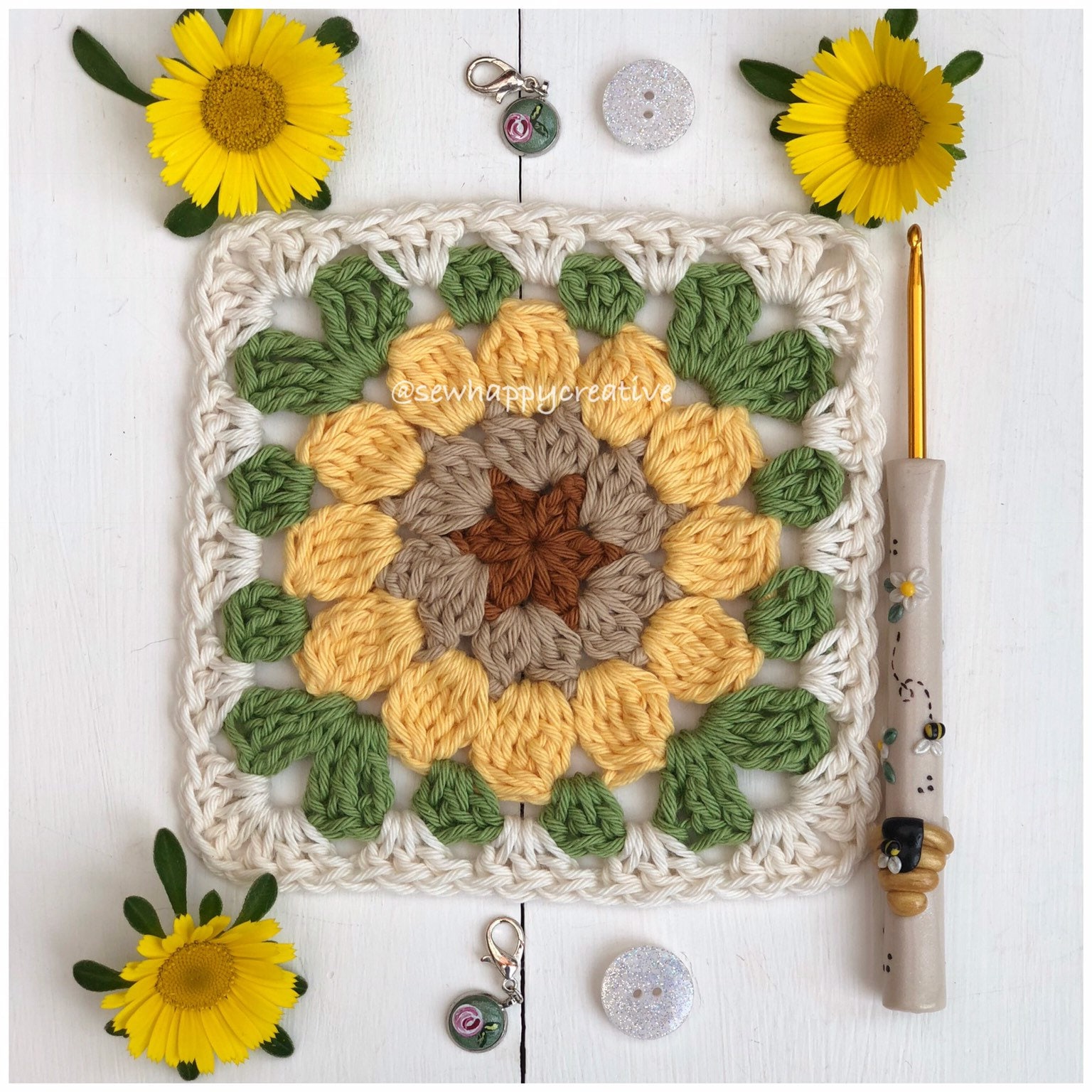 Sunflower Granny Square Crochet Pattern Motif For Blankets Etsy