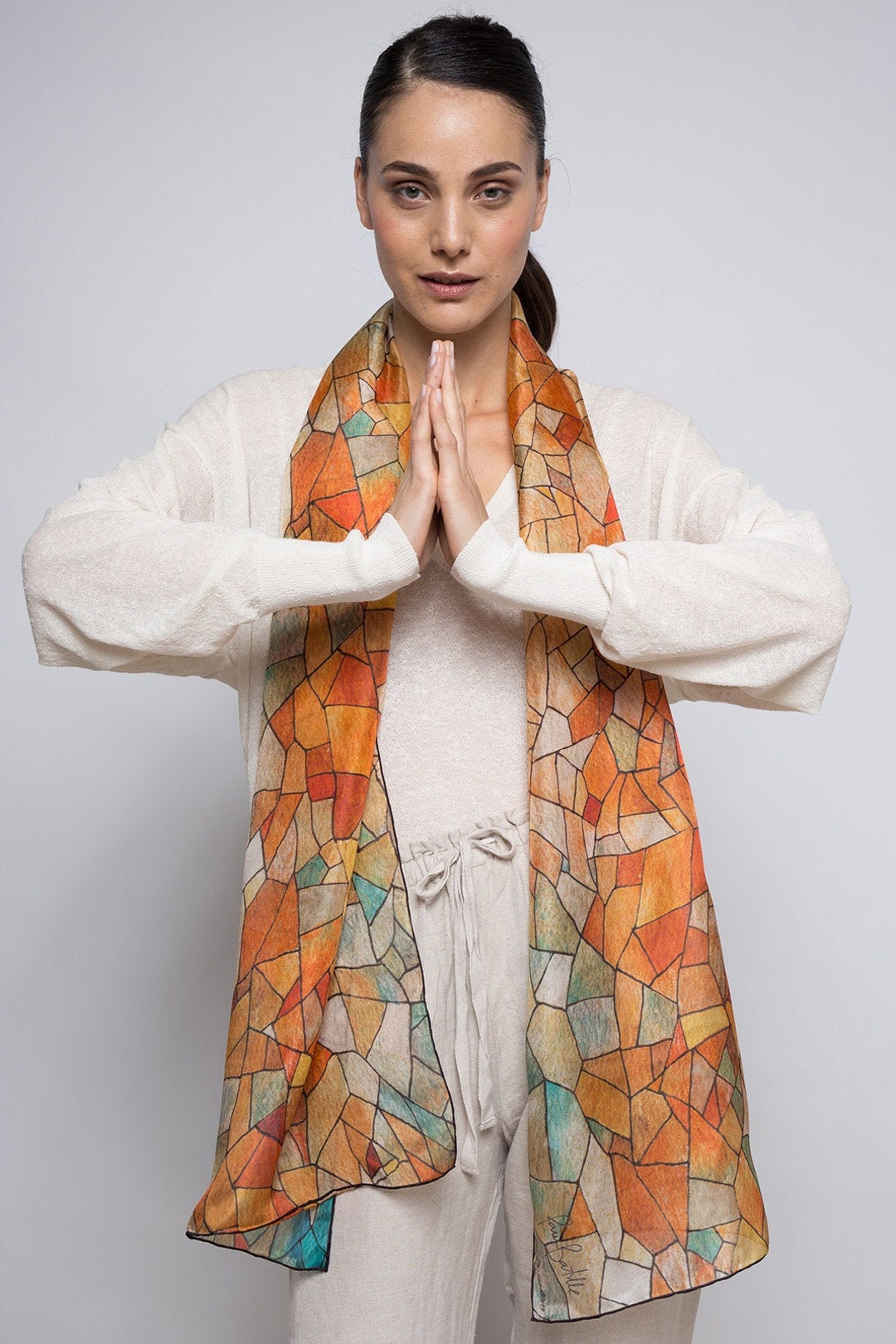Light Silk Scarf With a Mosaic Design and Warm Colors Print. Inspired ...