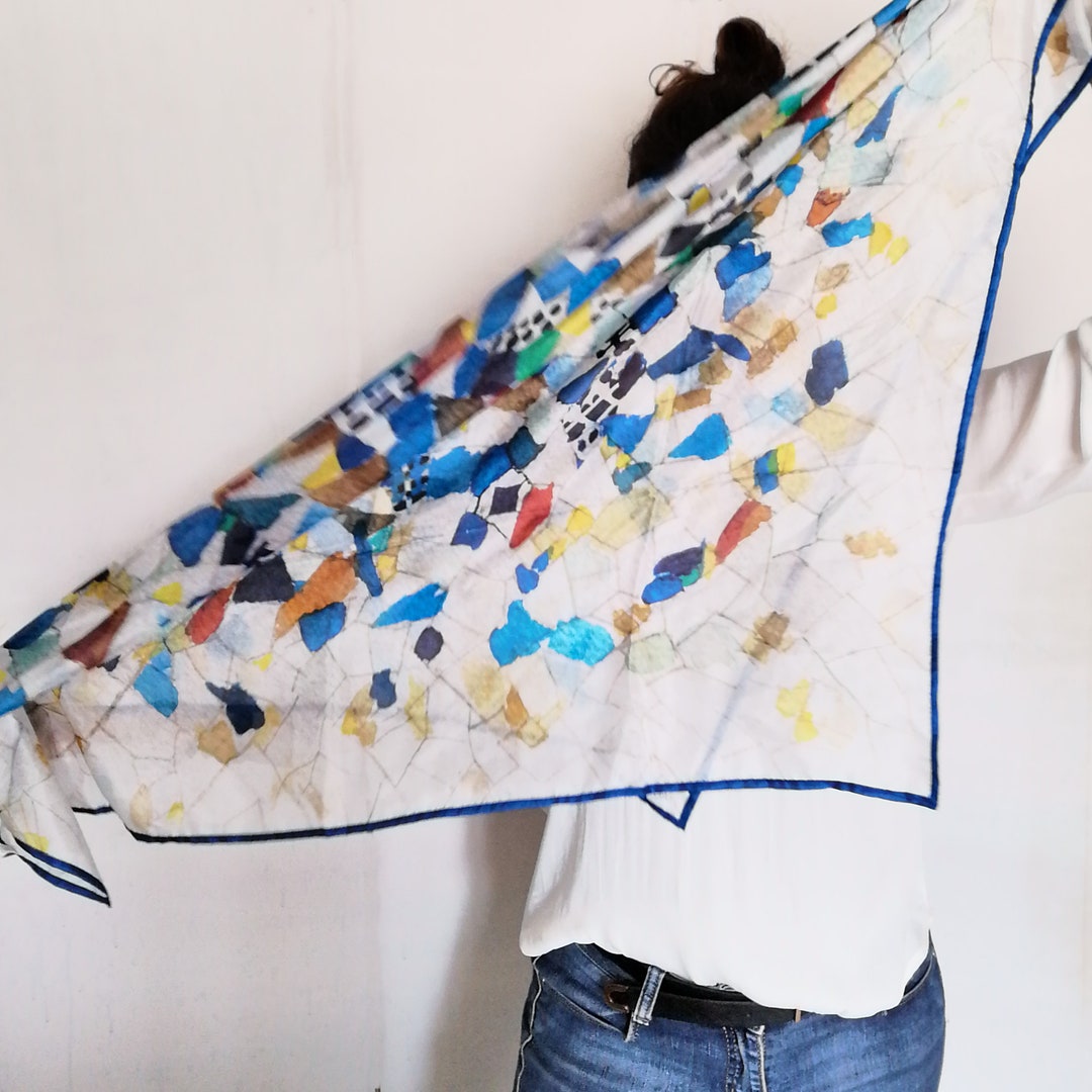 Large Silk Square Scarf - Original Mosaic Print; White, Blue, Yellow ...