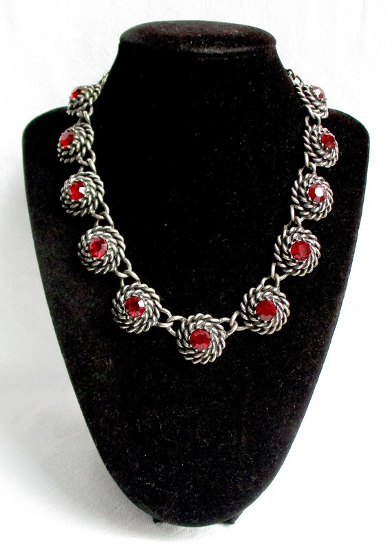 CORO Rich Red Rhinestone and Silver Rope Link Vintage… - Gem