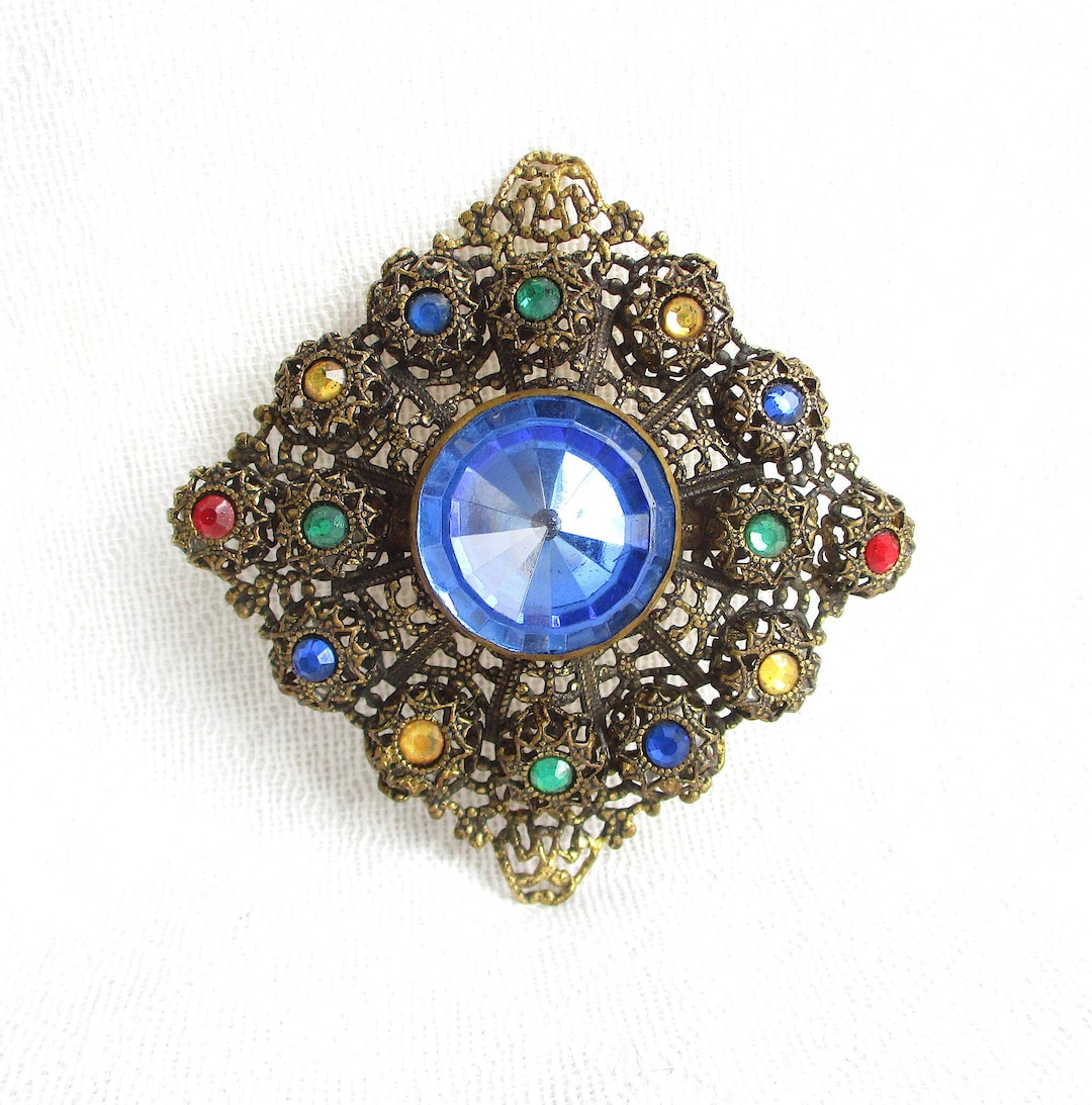 Gorgeous Gold Metal Filigree Square Shaped Brooch - Brilliant Blue ...