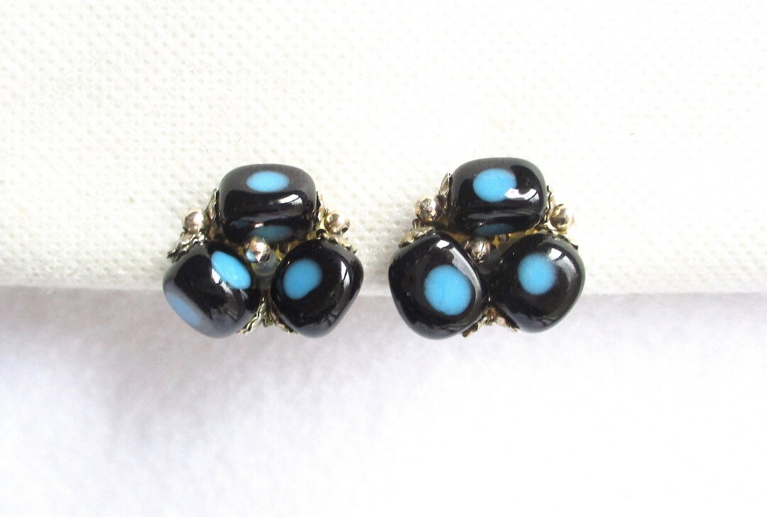 Blue and Black Dot Glass Bead Vintage Clip Earrings - Hallmarked Japan ...
