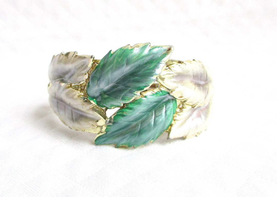 Green & Pearlized Enamel Face Vintage Clamper Style Bangle Bracelet ...