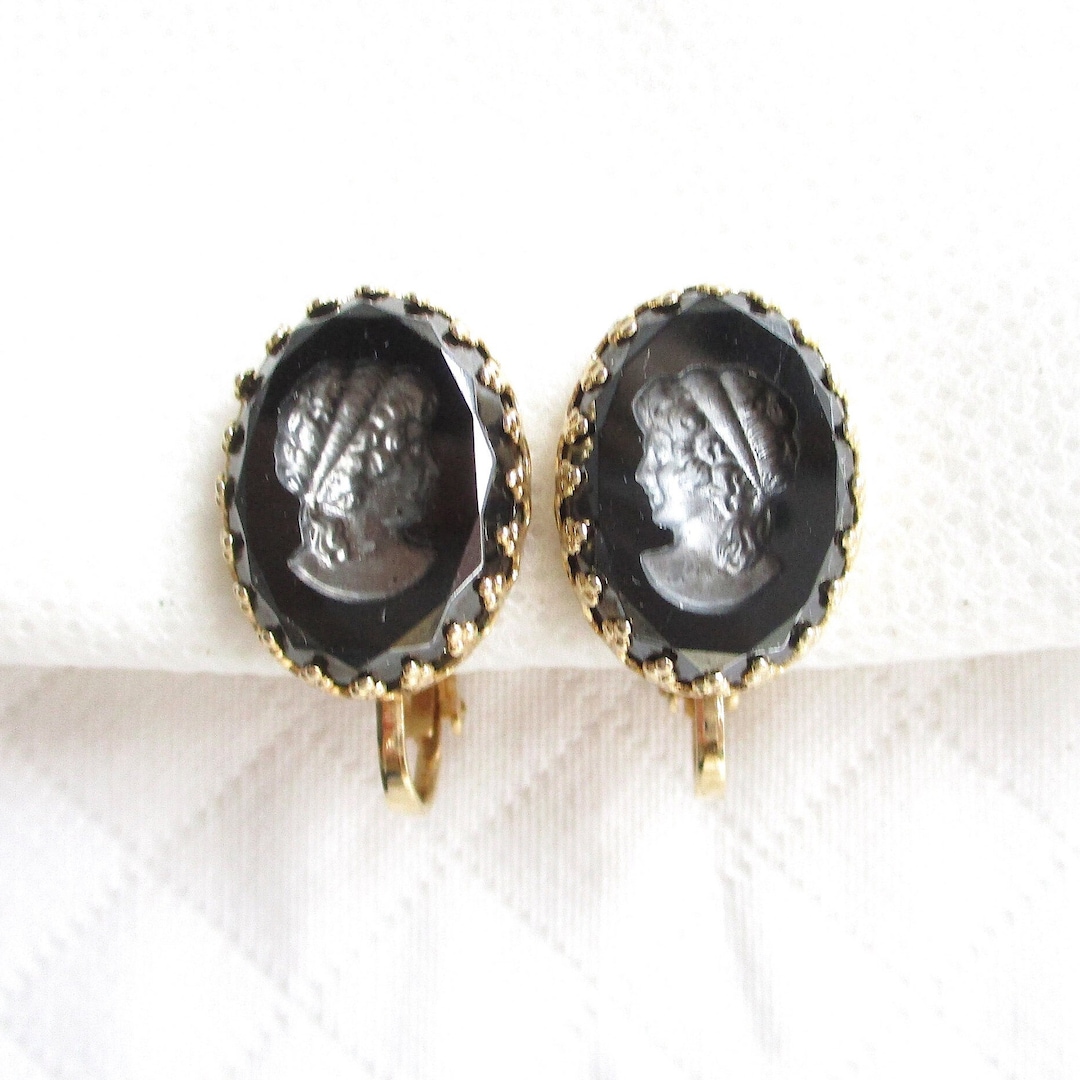 Carved Black Glass Cameo Vintage Clip Back Earrings - Ornate Gold Prong ...