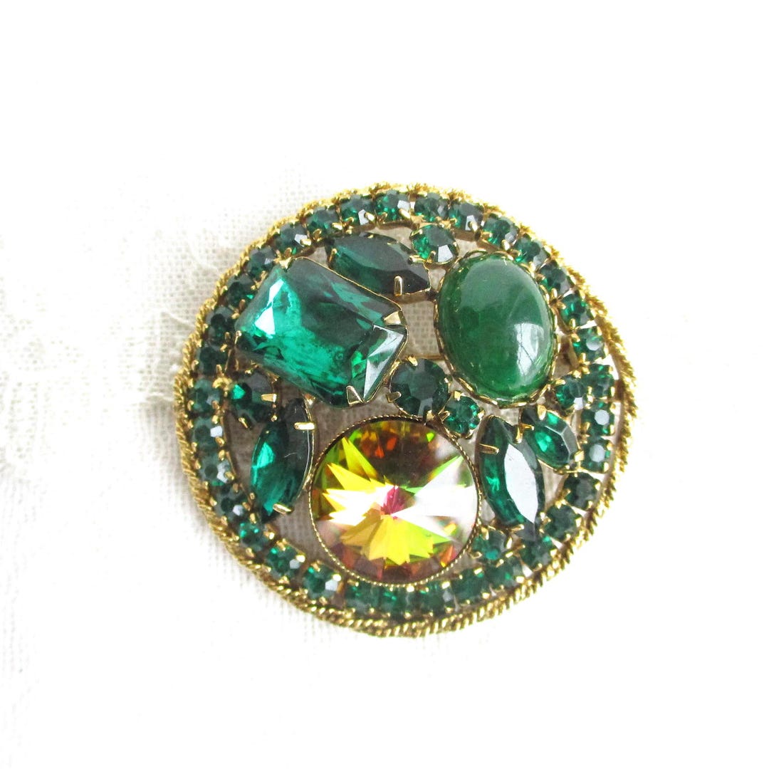 Emerald Green and Watermelon Rivoli Rhinestone Vintage Brooch Pin ...