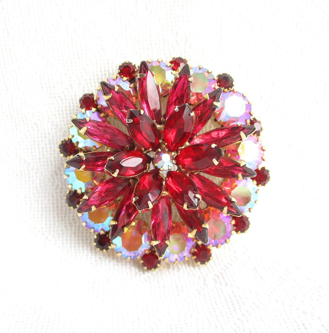 Ruby Red and Aurora Borealis Layered Floral Vintage Brooch - Gold Prong ...