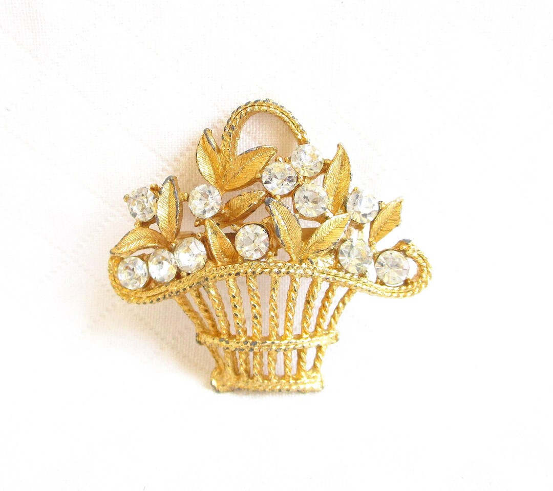 Rhinestone and Gold Metal Vintage Flower Basket Brooch Easter Basket ...