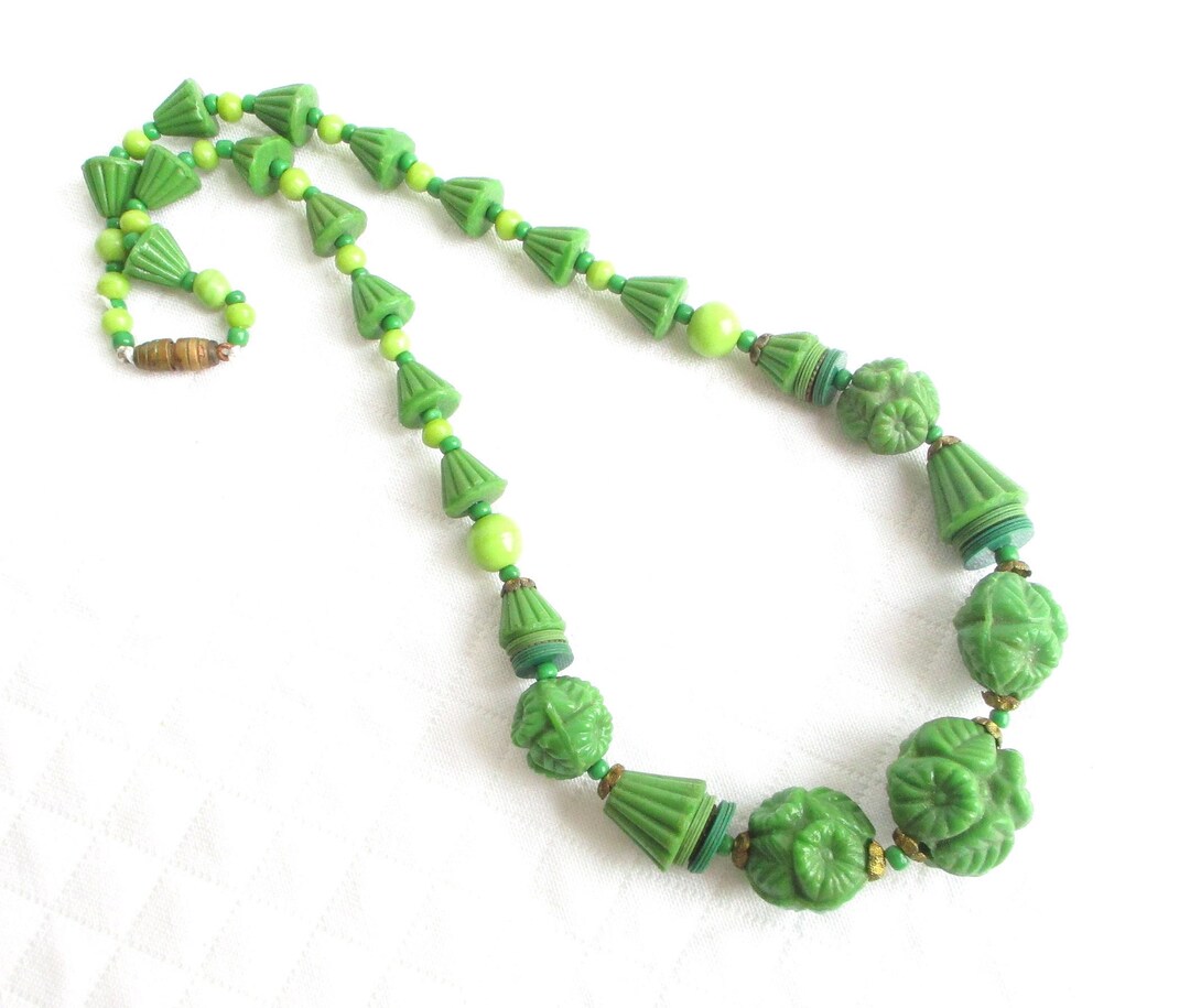 Antique Green Bakelite Molded Necklace Gorgeous Cone, Disc, Floral ...