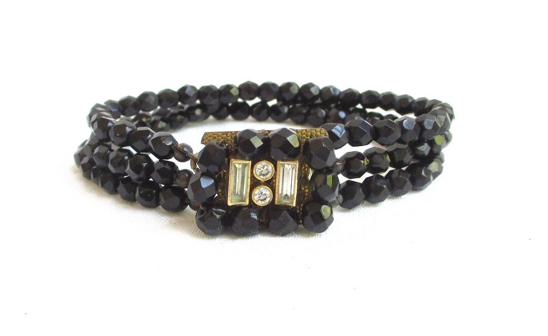 Miriam Haskell Black Sparkling Crystal Beaded Three Strand Vintage ...