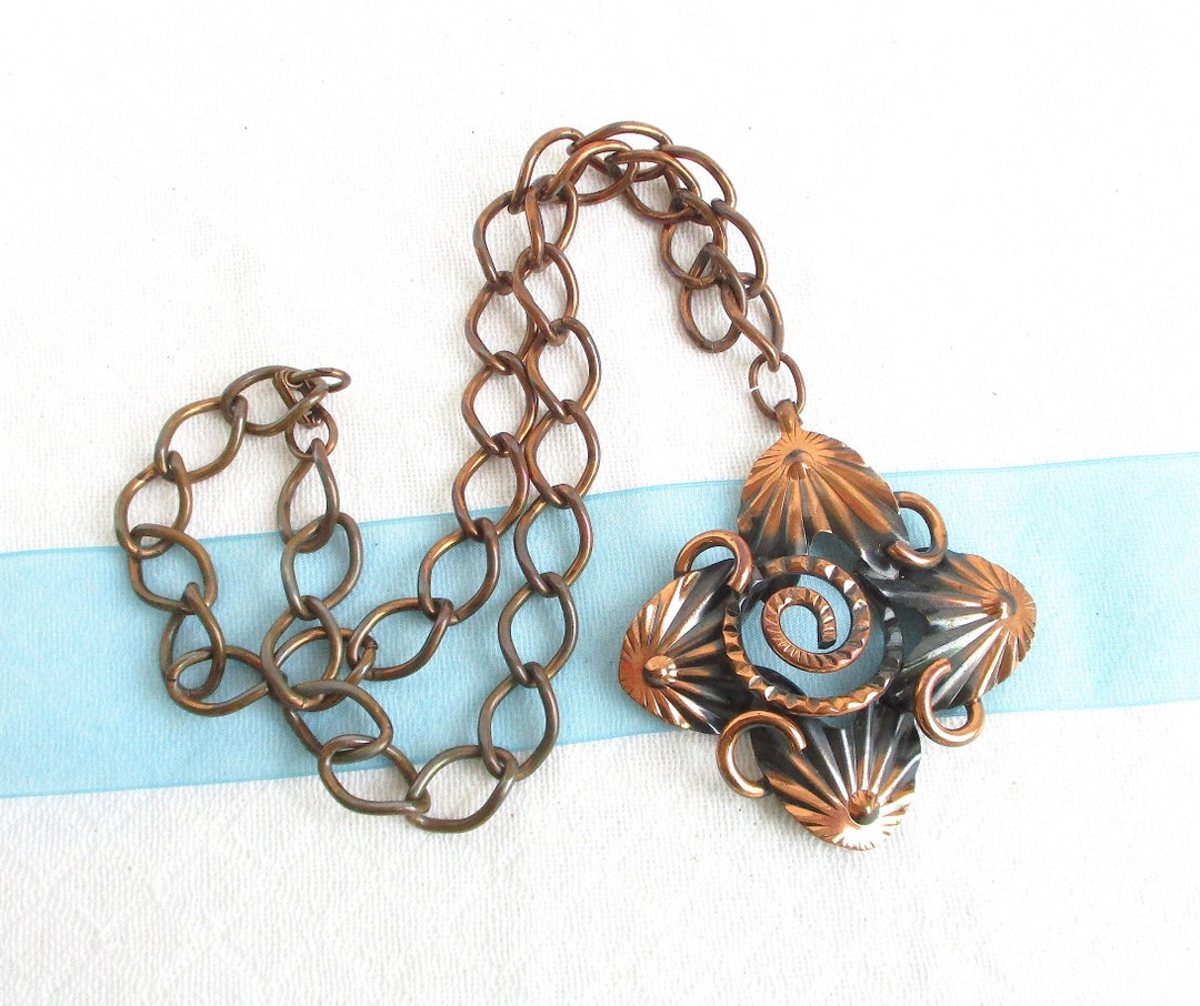 Brass Toned Metal Stamped & Swirled Pendant and Large Link Vintage ...