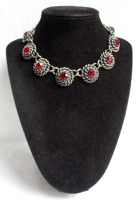 CORO Rich Red Rhinestone and Silver Rope Link Vintage… - Gem