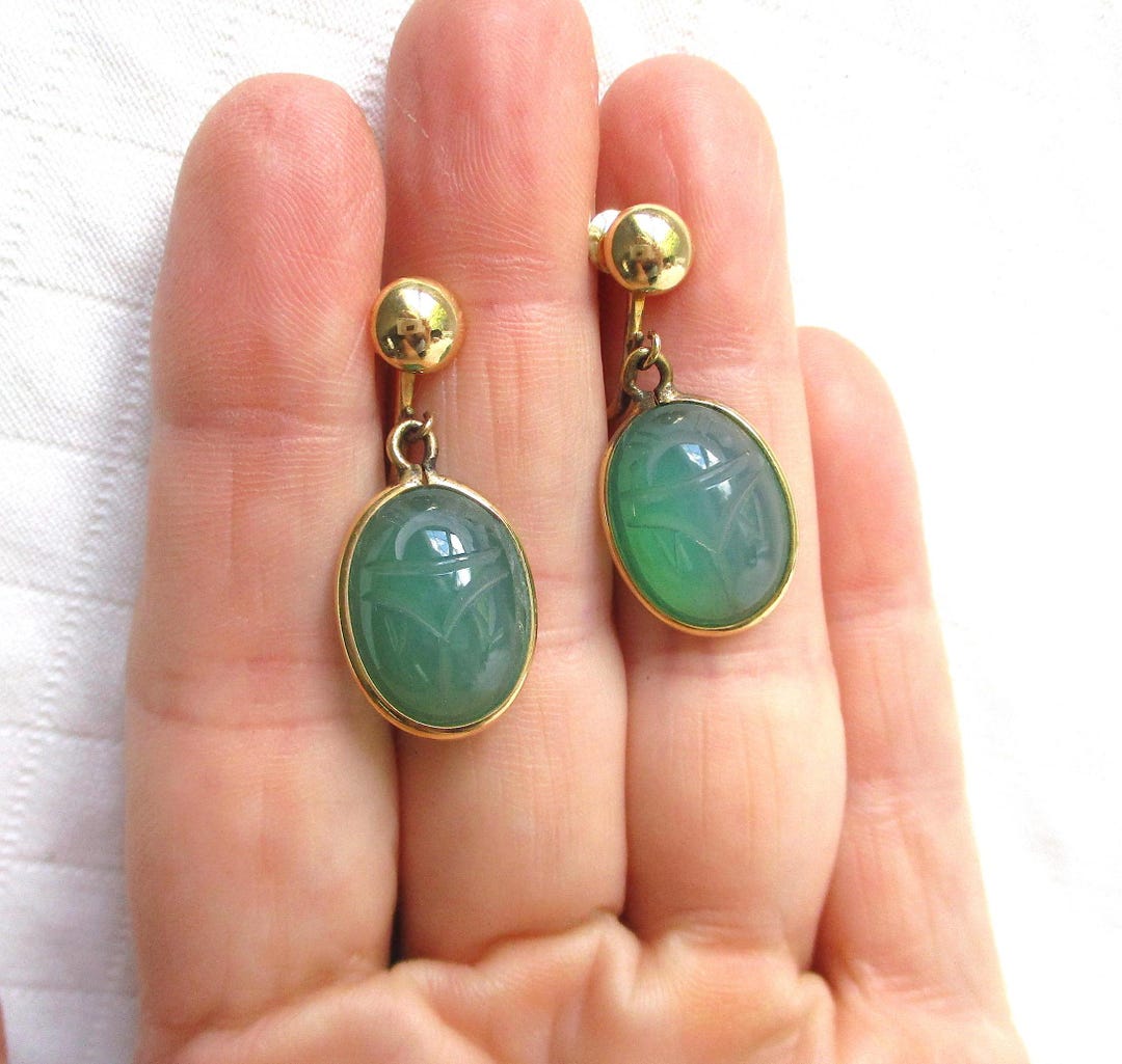 Vintage Dangling Green Glass Scarab Screw Back Earrings - Gold Filled ...