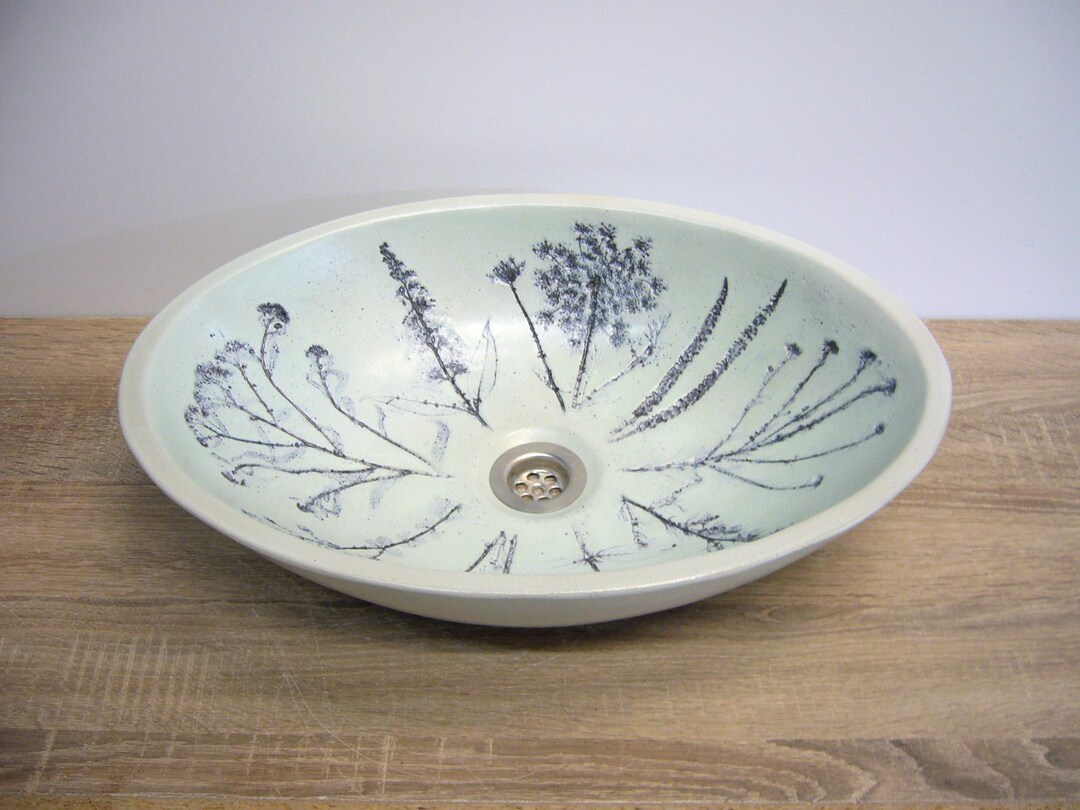 Large Oval Washbasin, "meadow Flowers", Handmade Pottery, 48,5 X 36 X ...