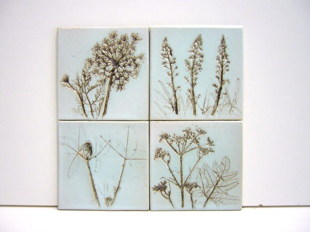 4 Handmade Tiles With Imprints of Flowers, Highfired Ceramic, 10x10 Cm ...