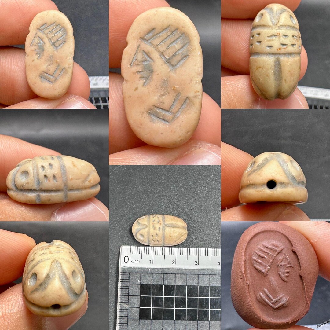 Ancient Scaraboid Stamp Seal – Carved Stone Intaglio With Stylized Face ...