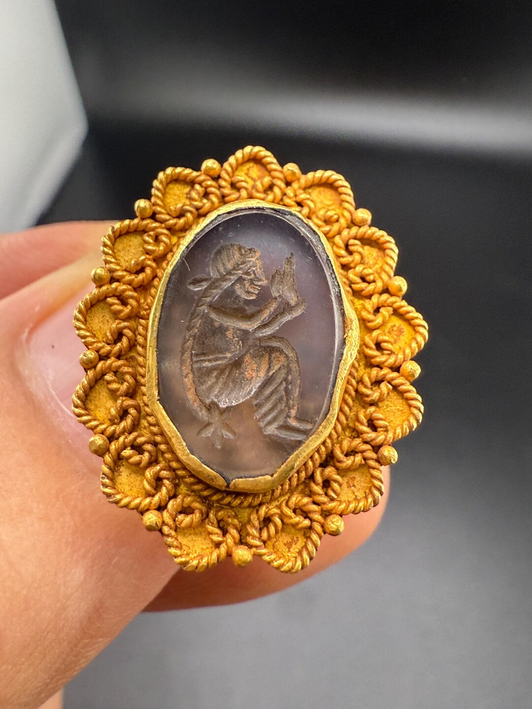 Rare Ancient Roman Agate Stone King Intaglio 20k Karat Gold Ring 4.8 ...