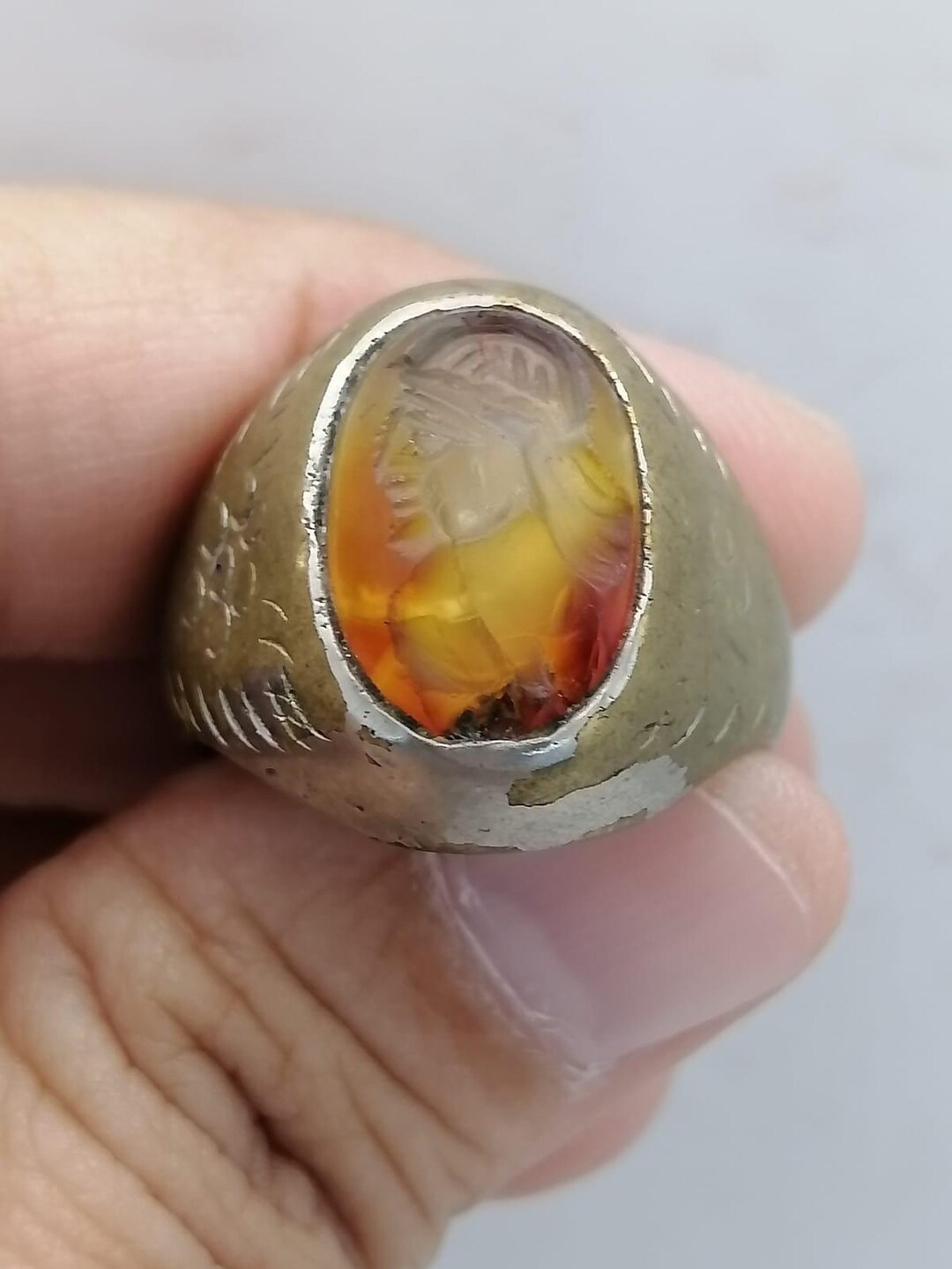 Antique Warrior Intaglio Ring: Amber-red Stone, Golden Bronze Band ...