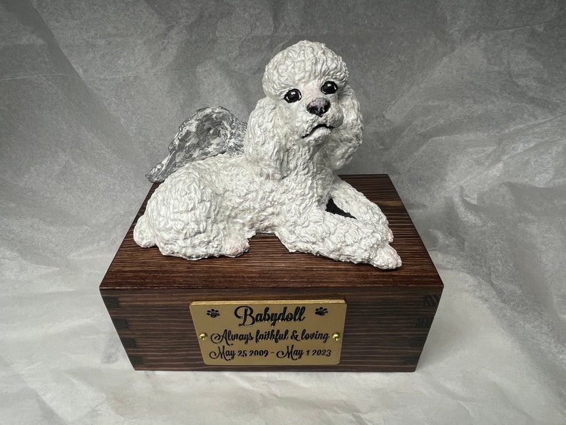Custom Engraved White Poodle Urn Wings Angel Pet Loss Portrait ...