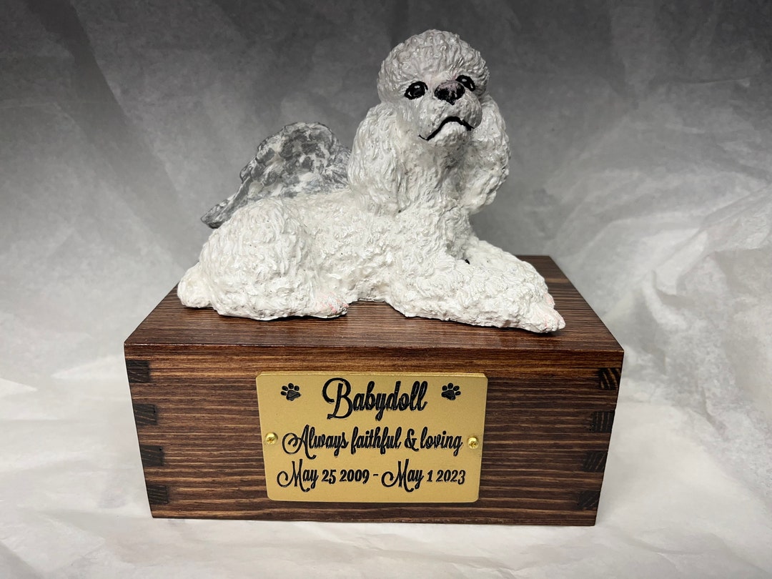 Custom Engraved White Poodle Urn Wings Angel Pet Loss Portrait ...