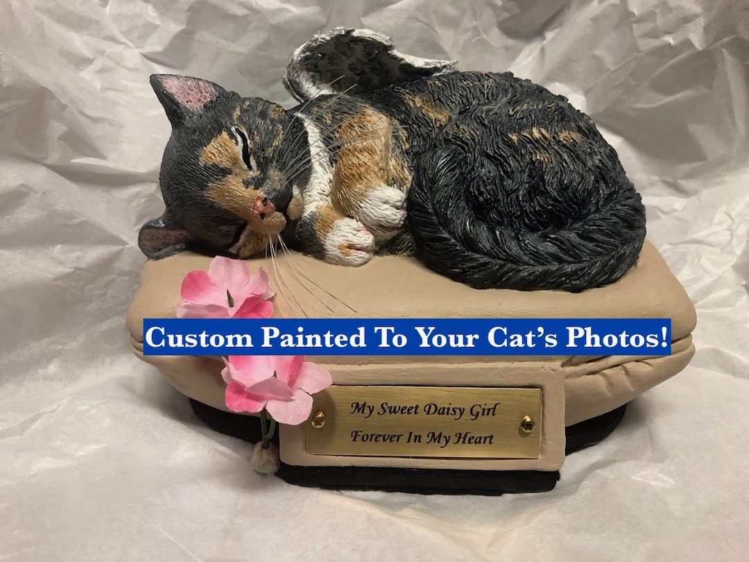 Custom Engraved Sleeping Cat Kitty on Pillow Urn Pet Memorial Portrait ...
