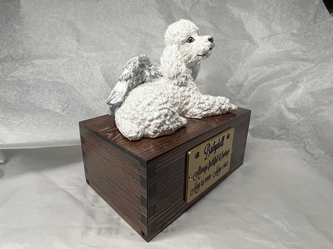 Custom Engraved White Poodle Urn Wings Angel Pet Loss Portrait ...