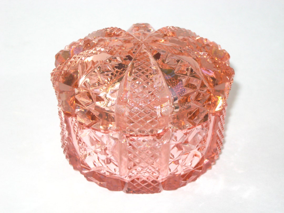 Bohemian Czech Pink Cut Crystal Dresser Jar Trinket Puff Box Vintage ...