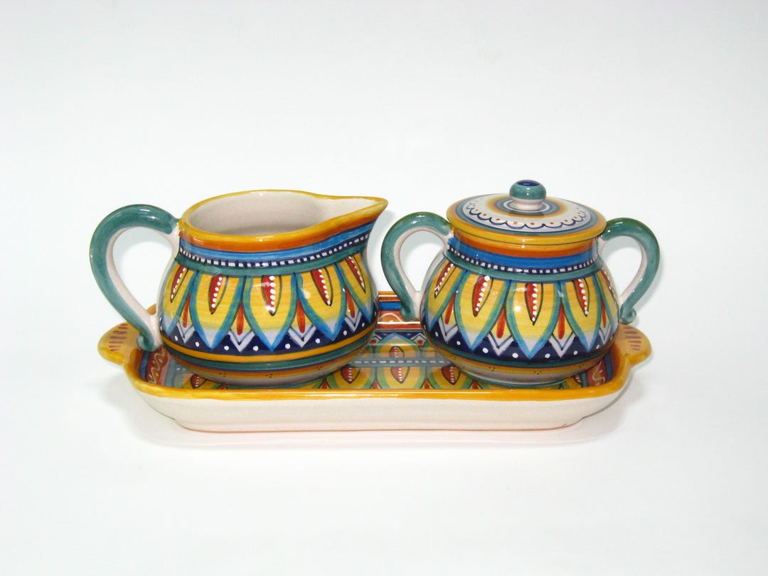 Sberna Deruta Peacock Pattern Creamer & Covered Sugar Bowl W/ Tray MINT ...