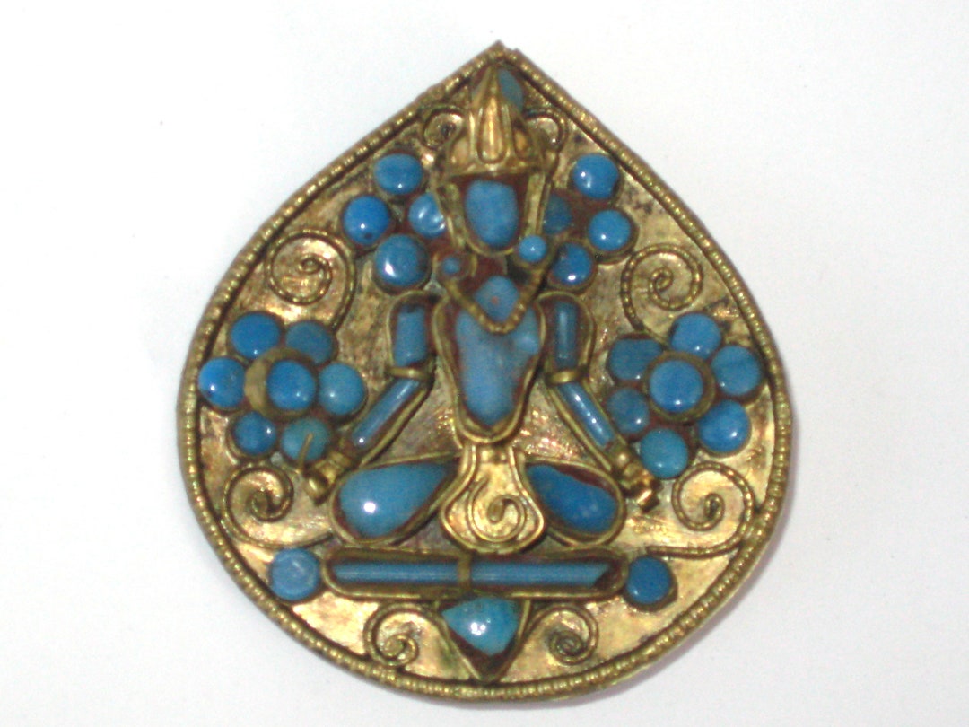 Antique Tibetan Nepalese Turquoise Buddha Inset in Brass Bodhi Leaf ...
