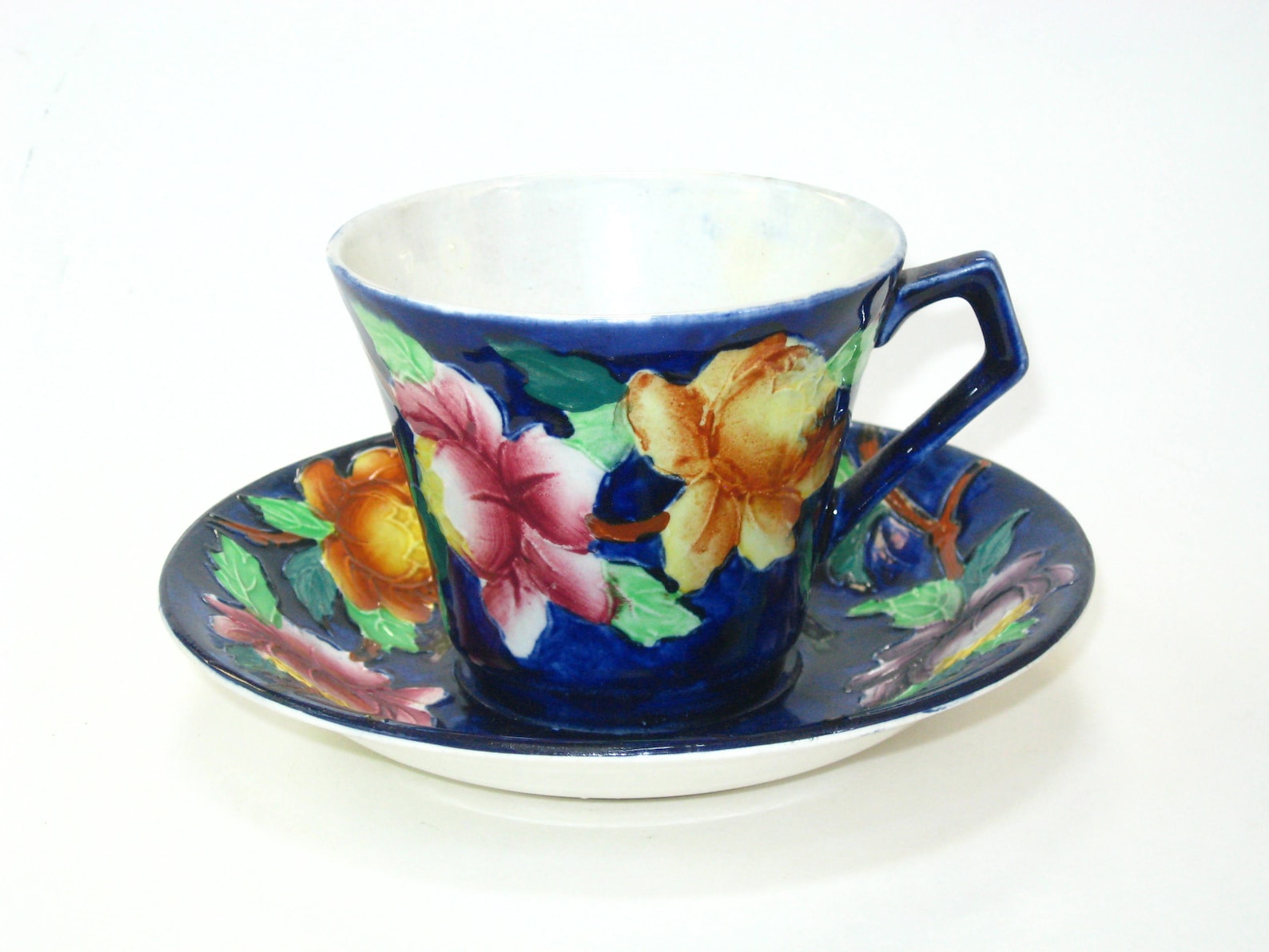 Maling China England Vintage Tube-lined Cup and Saucer Cobalt Blue W ...