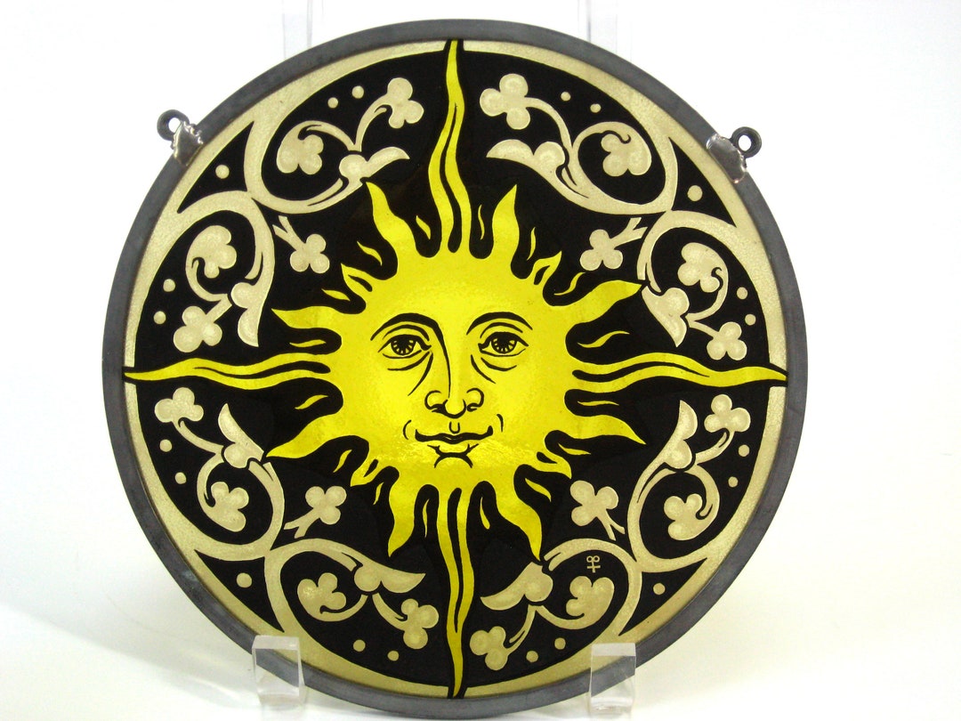 Early Glassmasters Smiling SUN FACE Stained Glass Window Panel 7.5 ...